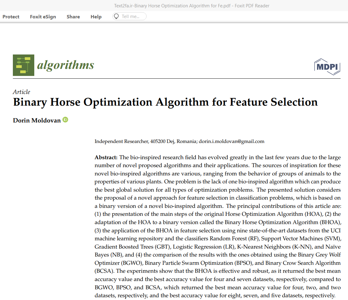 الگوریتم بهینه سازی اسب دودویی انتخاب ویژگی | دانلود مقاله تخصصی | متن به فارسی