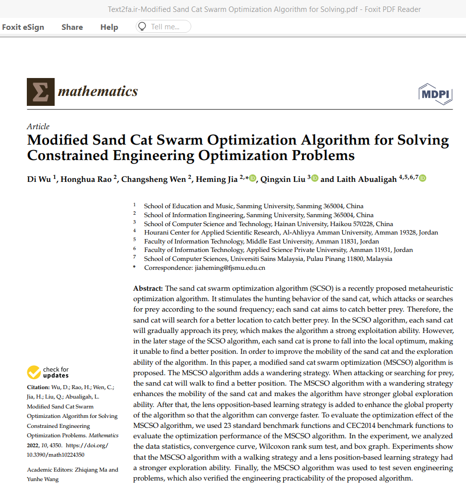 الگوریتم بهینه سازی ازدحام گربه شنی | دانلود مقاله تخصصی | متن به فارسی